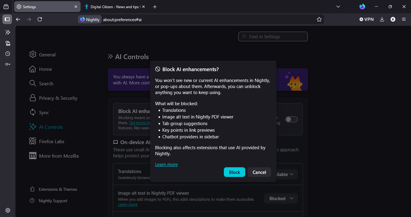 Firefox tests AI Controls to block AI Features